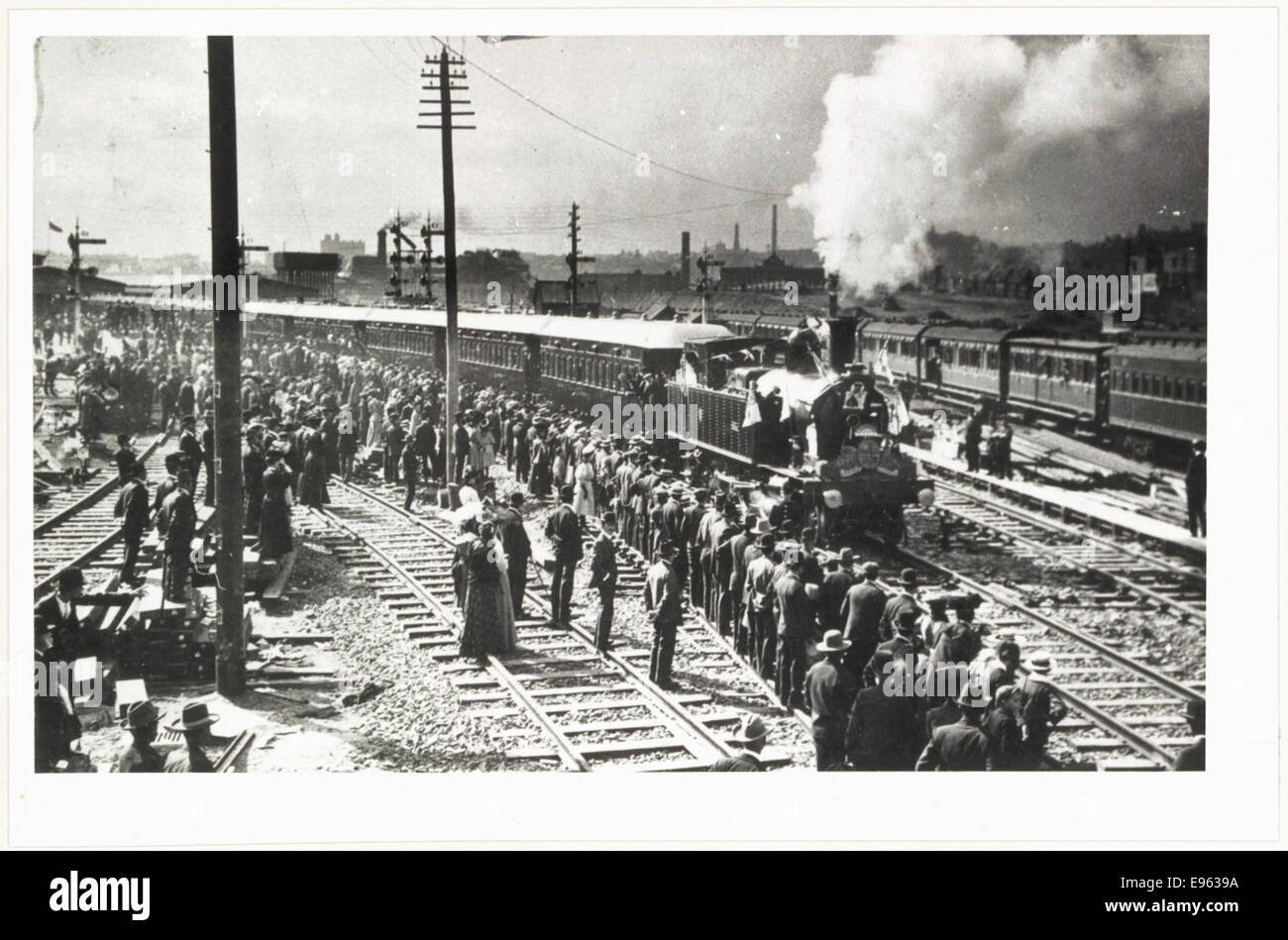 A historic photograph of the first train departing from the new (third ...