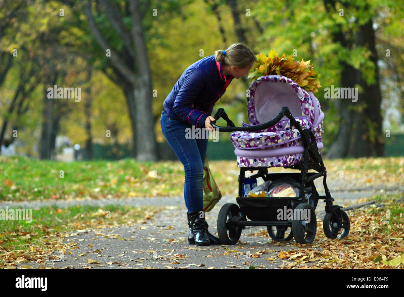 perambulator standing in the park and wisp os yellow autumn leaves on ...