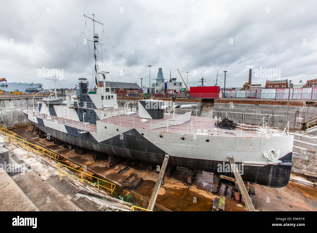 HMS Monitor M33 in dry dock at Portsmouth Historic naval dockyard Stock ...