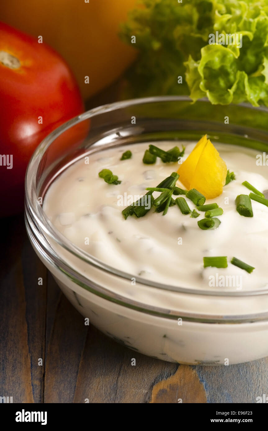 Delicious cream cheese with chives and vegetables Stock Photo - Alamy