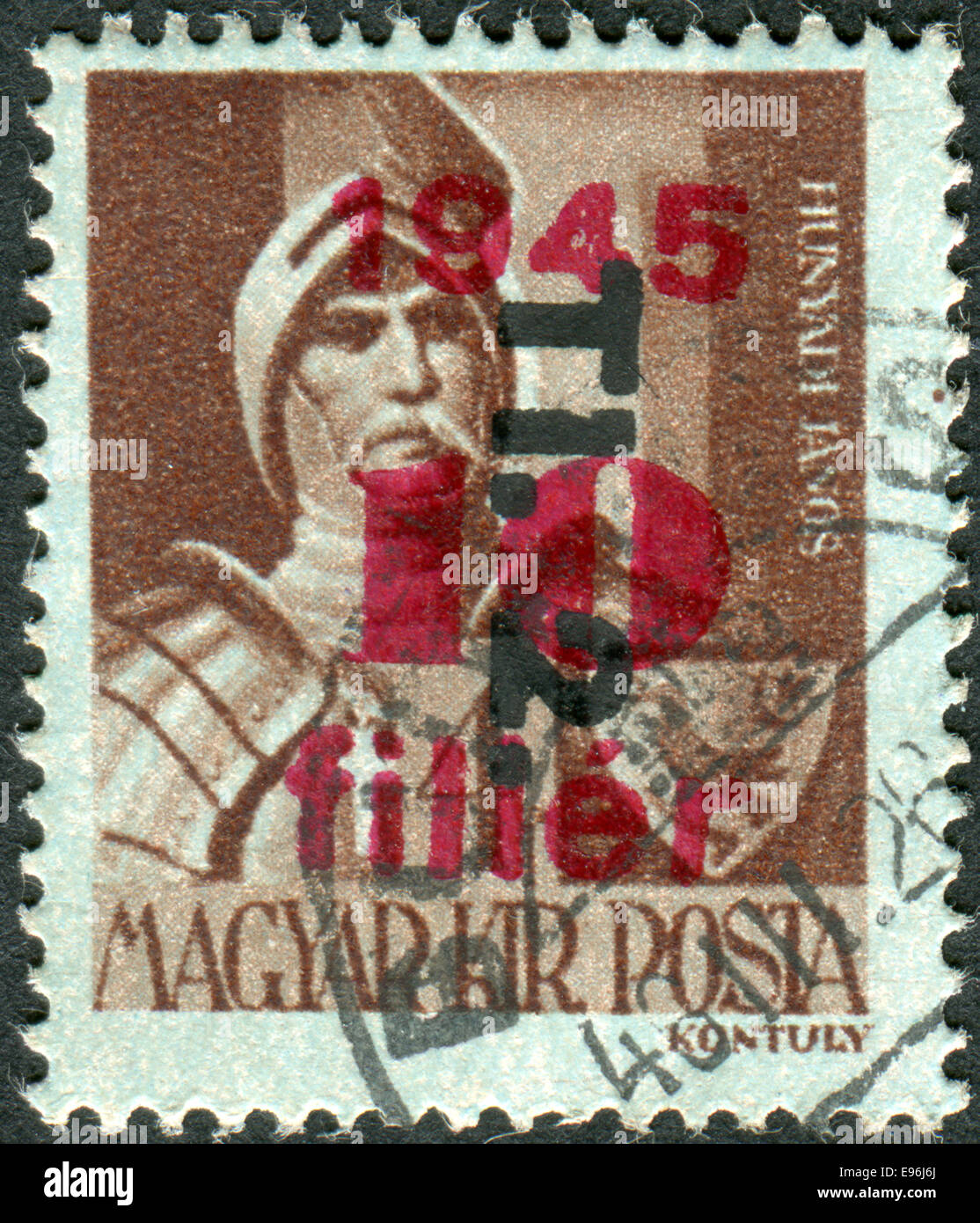 Postage stamp printed in Hungary (overprint 1945), shows John Hunyadi ...