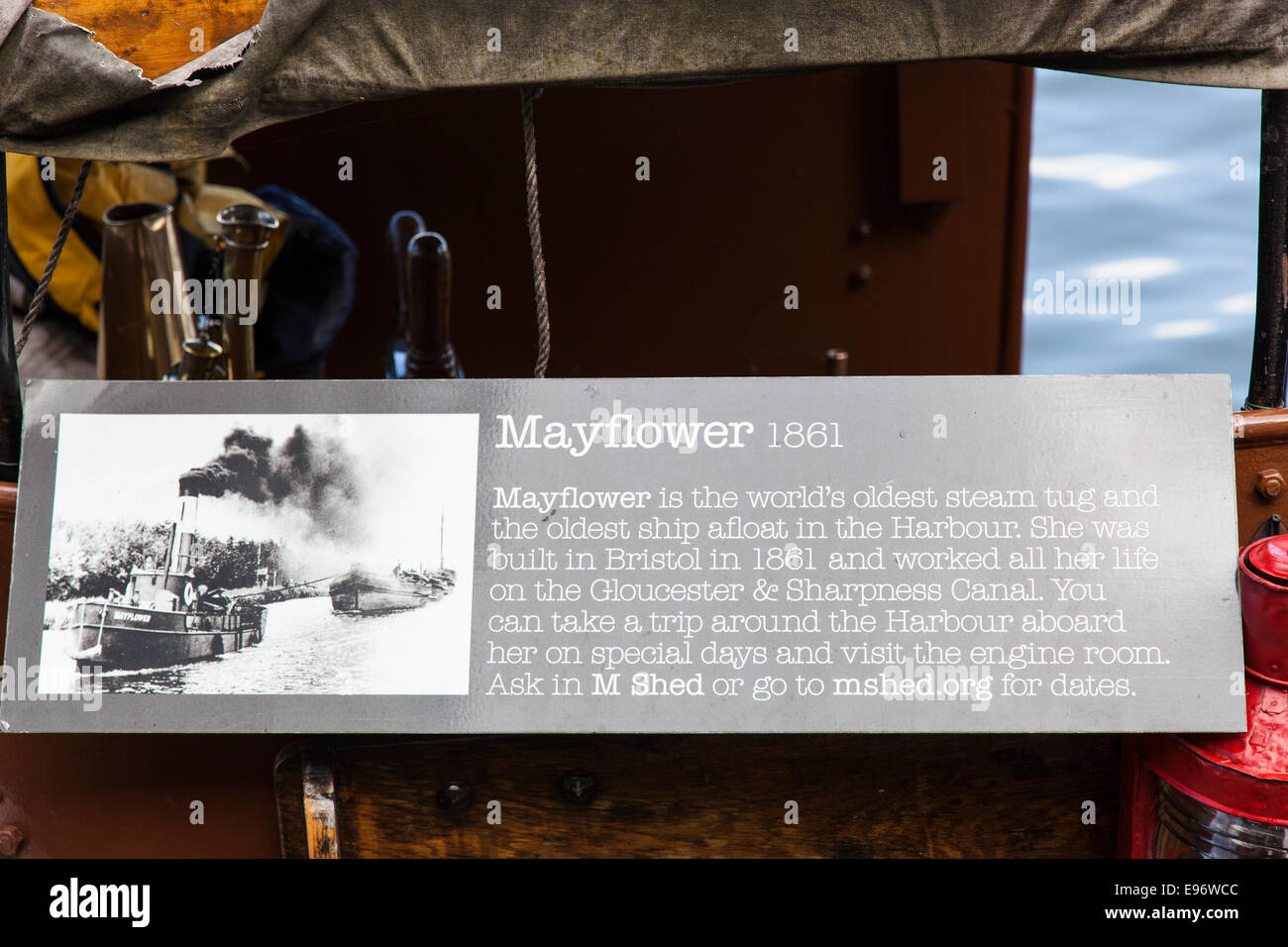 Sign displaying the history of 'Mayflower', the world's oldest steam ...