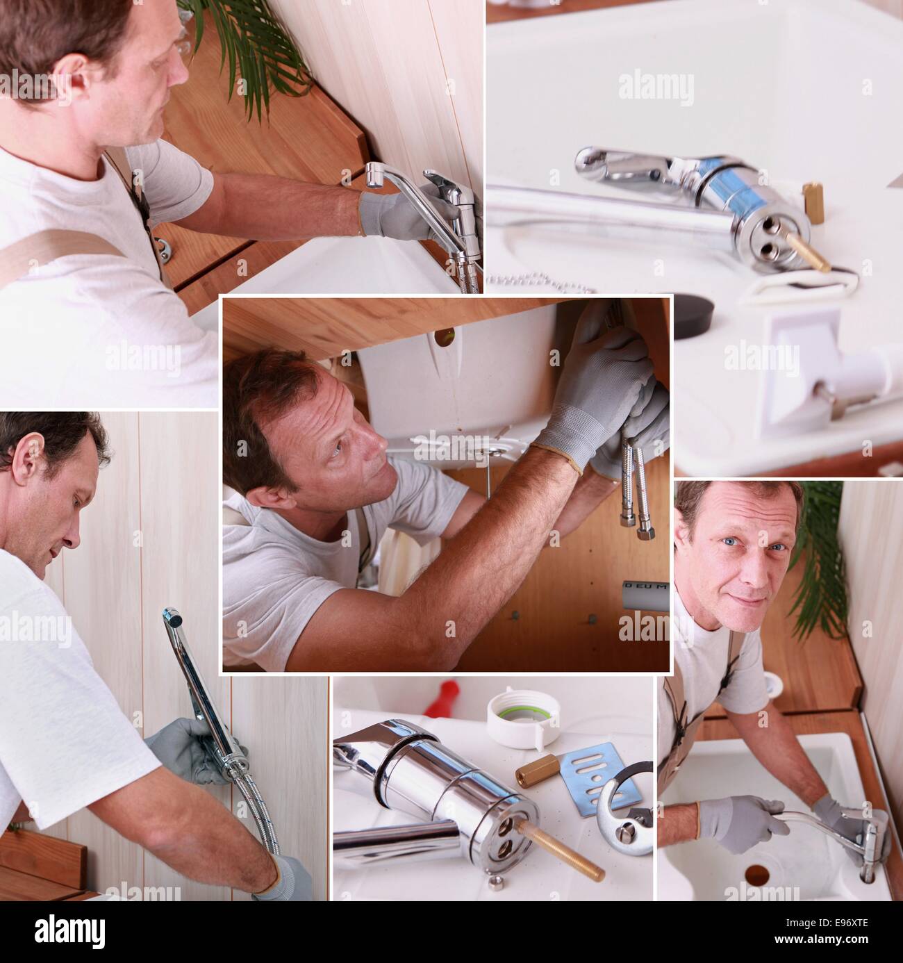 Montage of a plumber installing a kitchen sink Stock Photo - Alamy
