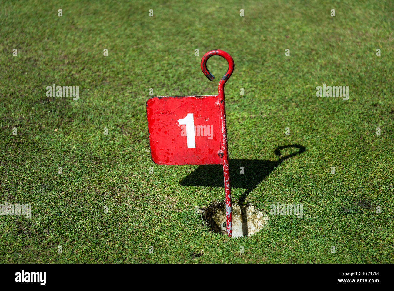 Old tin golf number one cup marker flag on a crazy golf green Stock ...