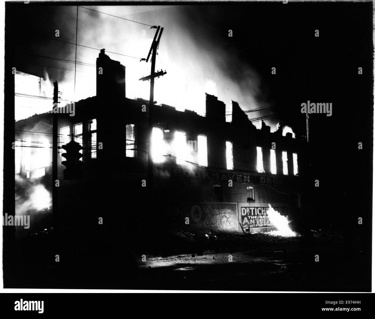 A photograph showing the aftermath of a fire at the Masonic Building in ...