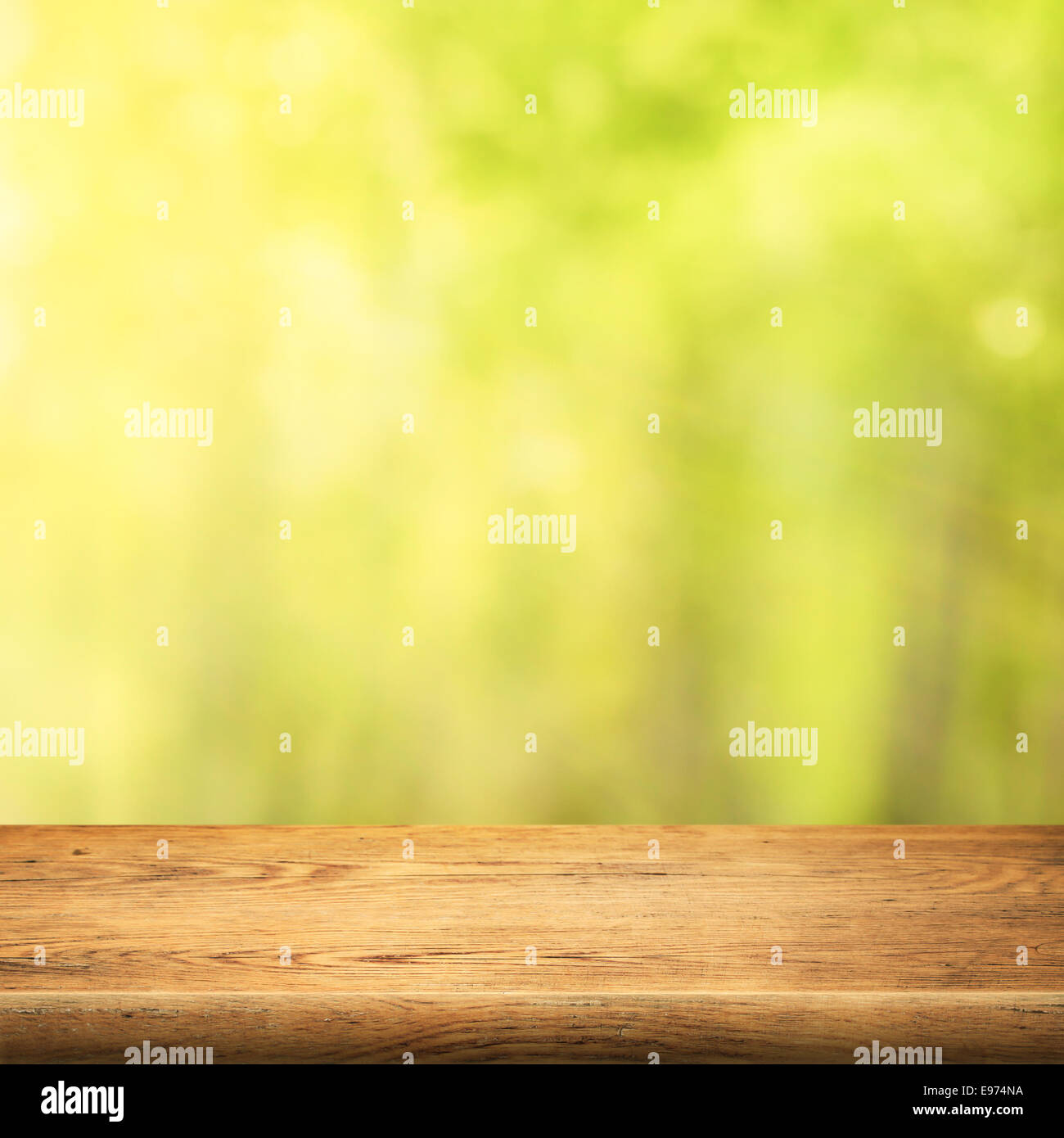 wood table on green summer forest background Stock Photo - Alamy