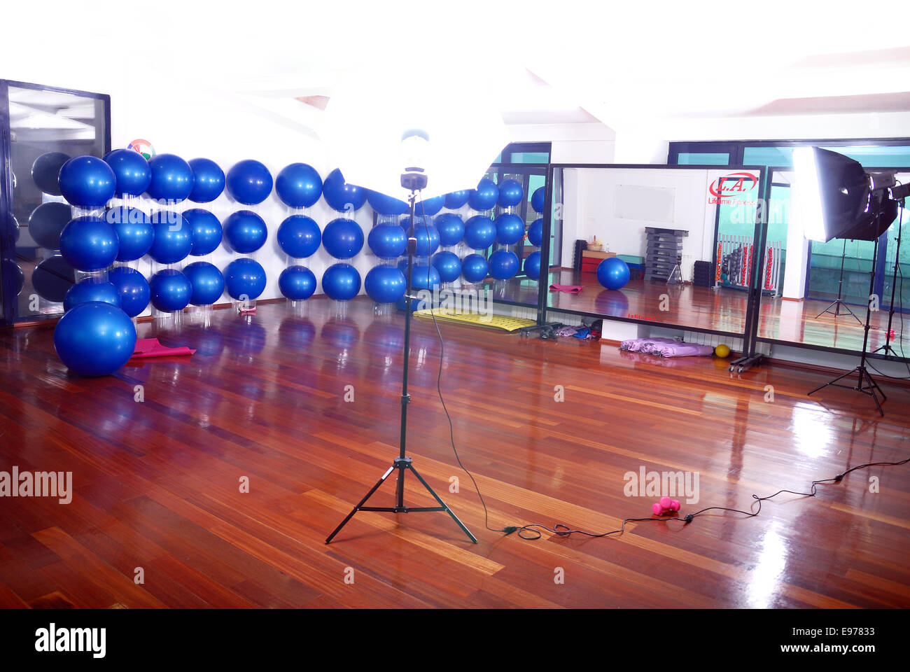 fitness studio with blue pilates balls Stock Photo - Alamy