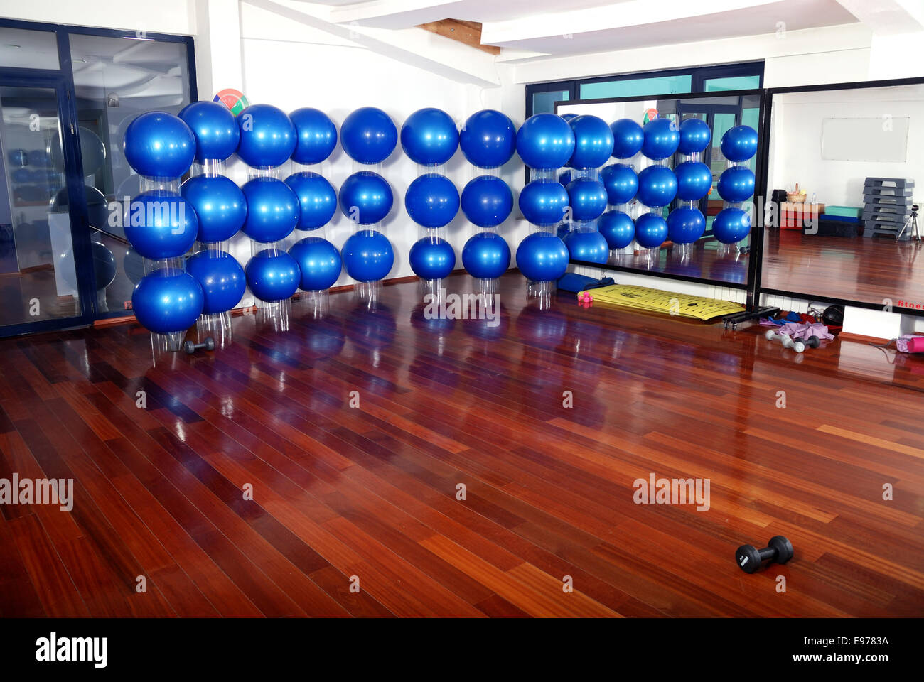 fitness studio with blue pilates balls Stock Photo - Alamy