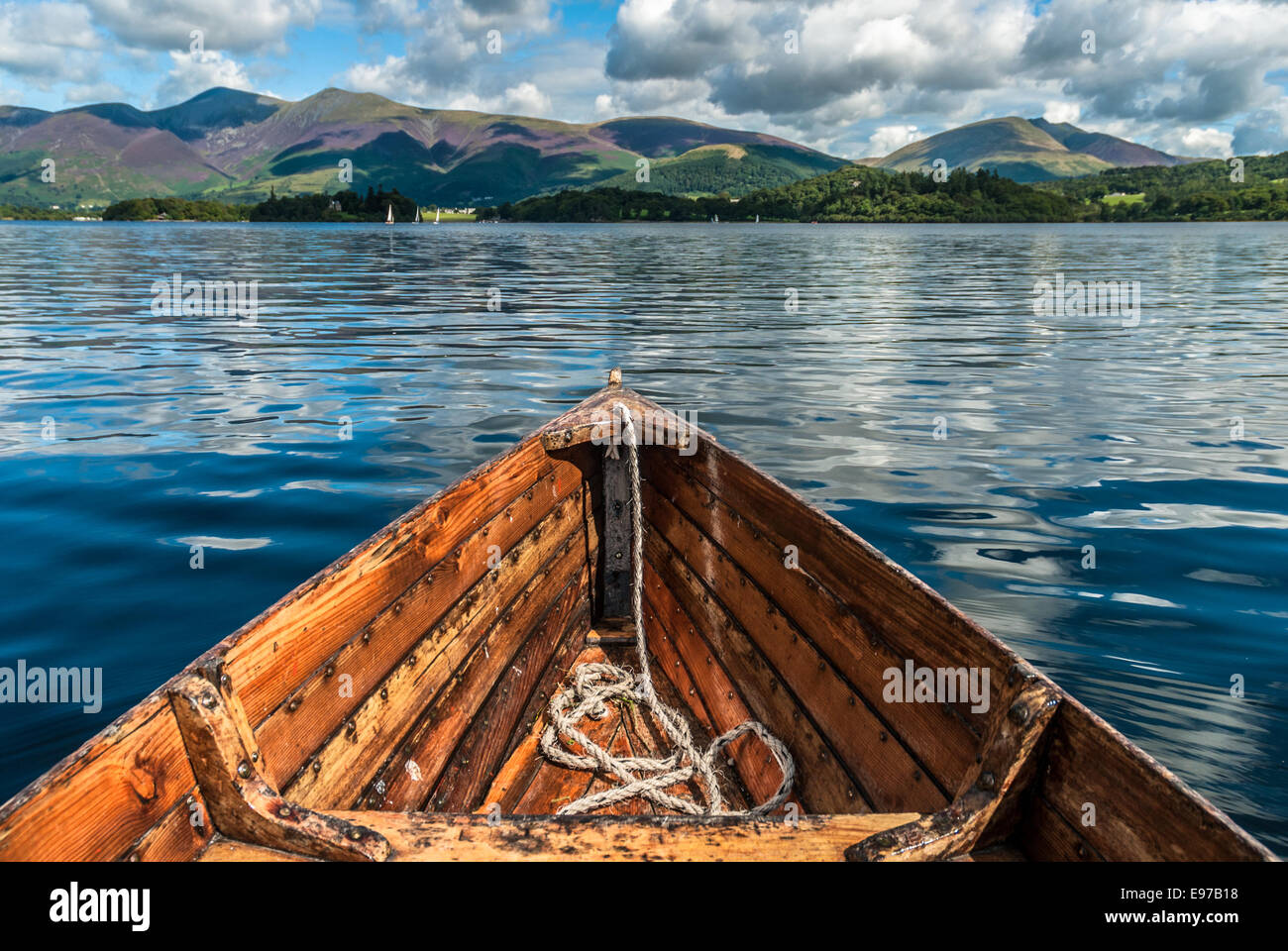 A wooden rowing boat on Lake Derwentwater in the English Lake District ...