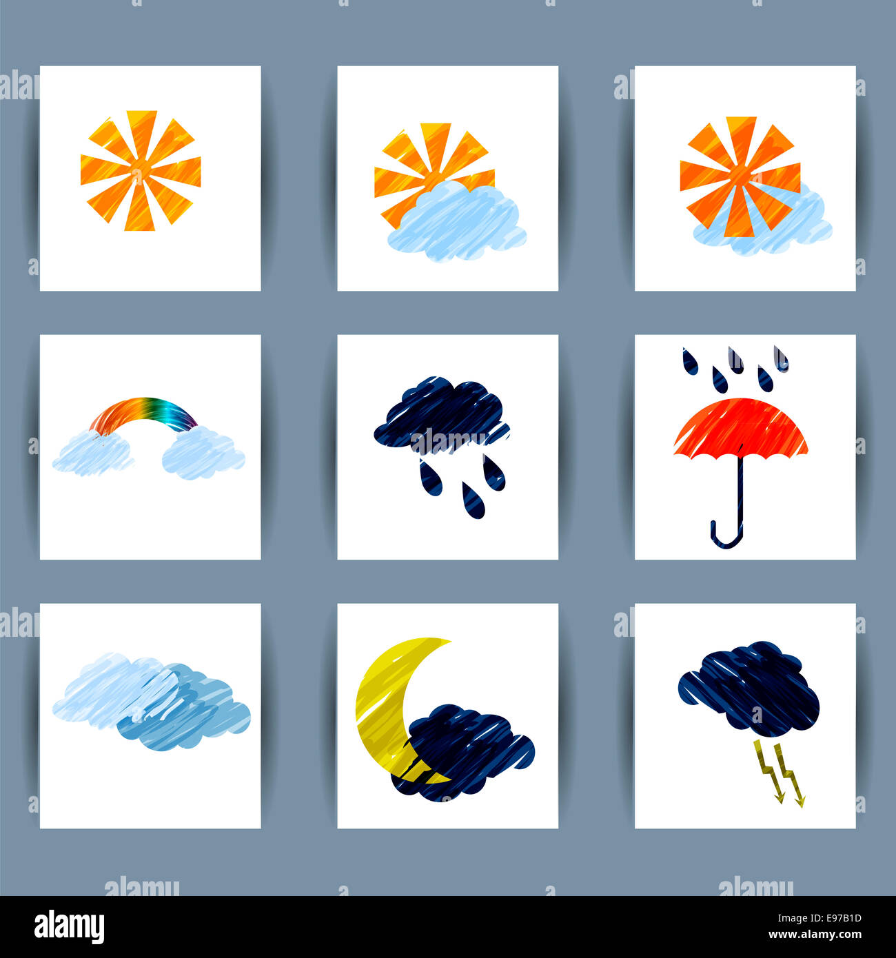 Set of weather icons sun, moon, clouds, lightning, rain, umbrella for ...
