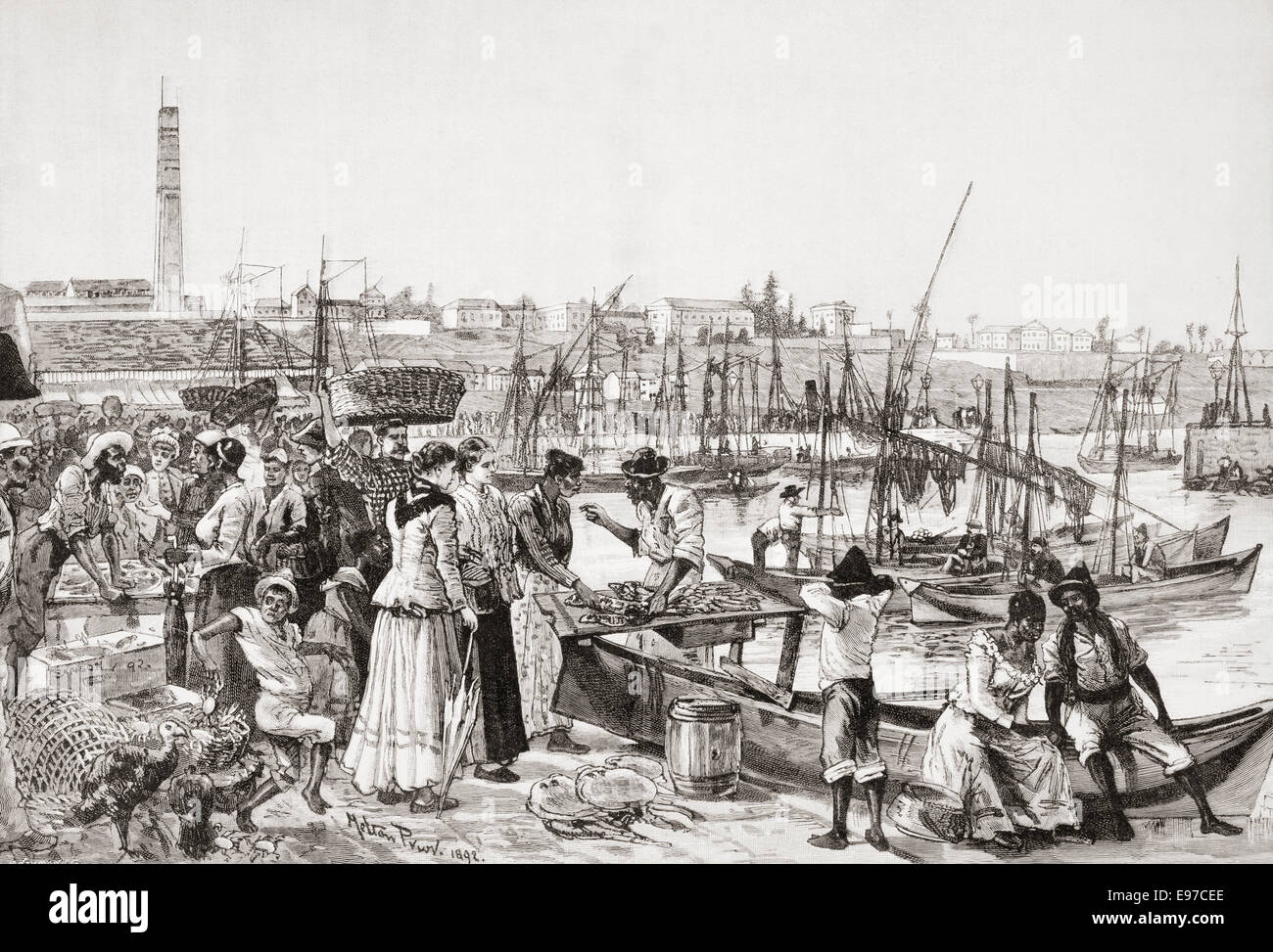 Rio de Janeiro, Brazil. A fish market in the port during the 19th ...