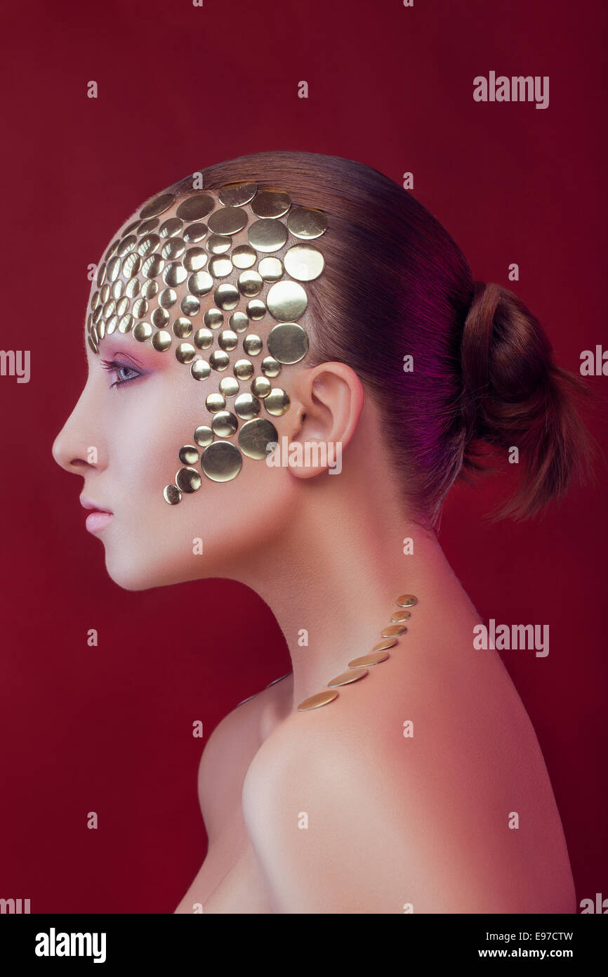 Portrait of a woman with squama-like sequins on her face Stock Photo ...