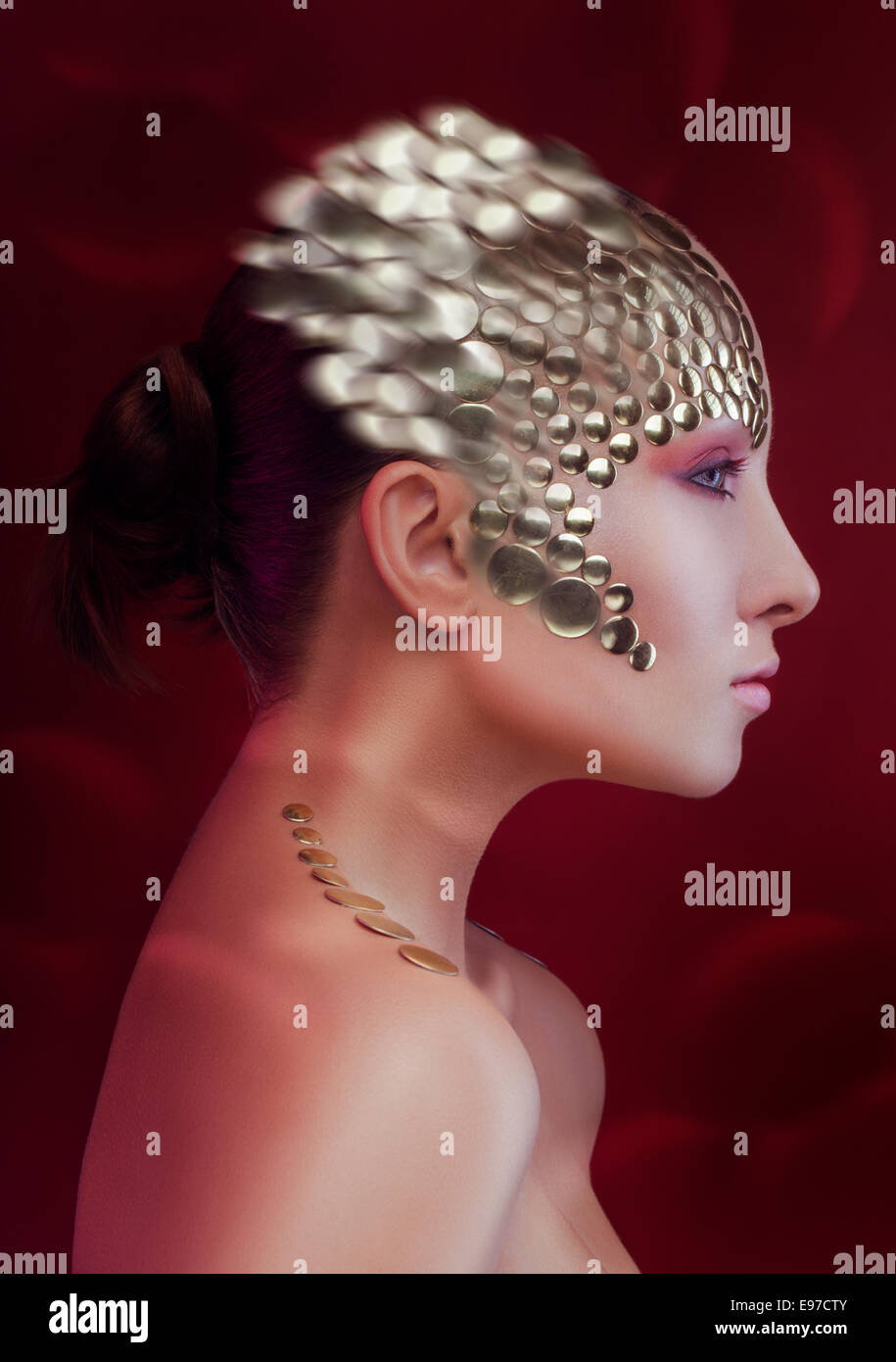 Portrait of a woman with blurred squama-like sequins on her face Stock ...