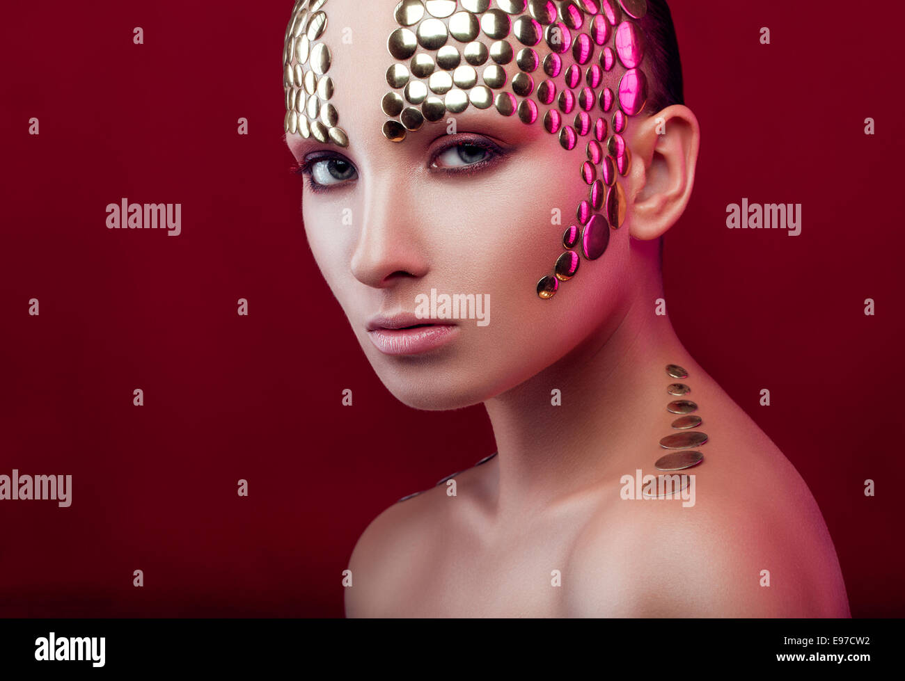 Portrait of a woman with squama-like sequins on her face Stock Photo ...