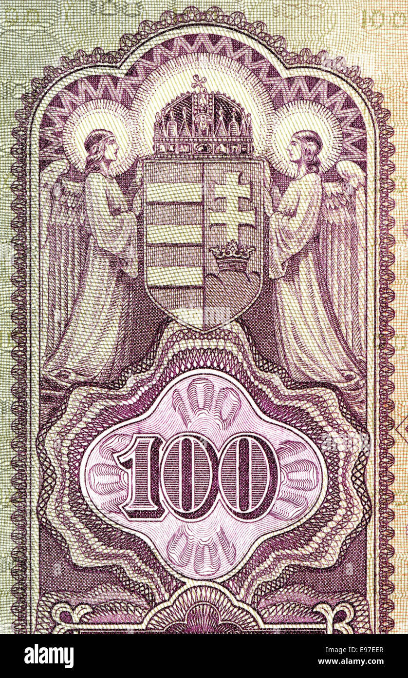 Detail from a 1930 Hungarian 100 Pengo banknote showing two angles ...