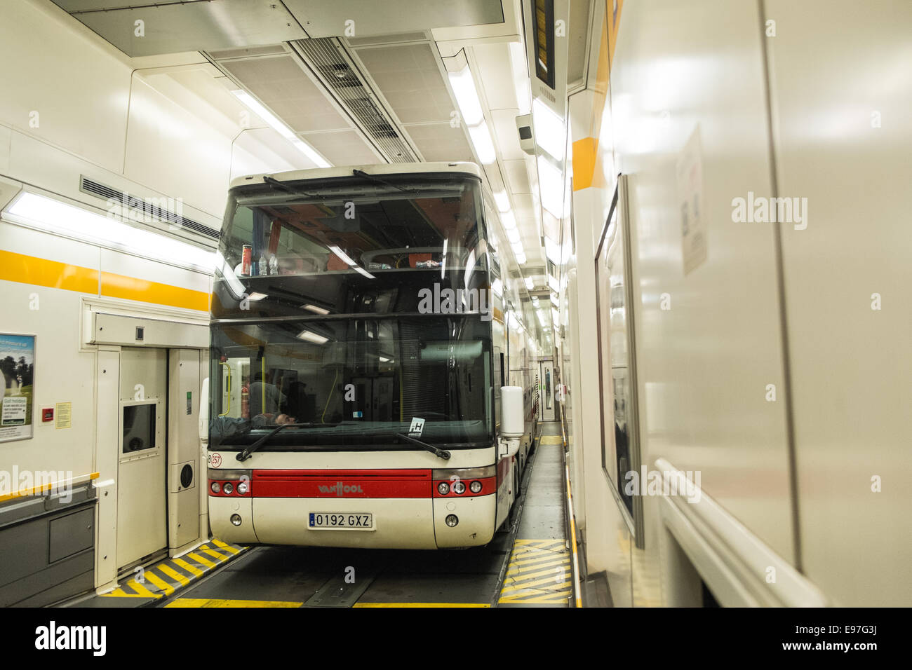 Tour bus on Eurotunnel between France and England Stock Photo - Alamy