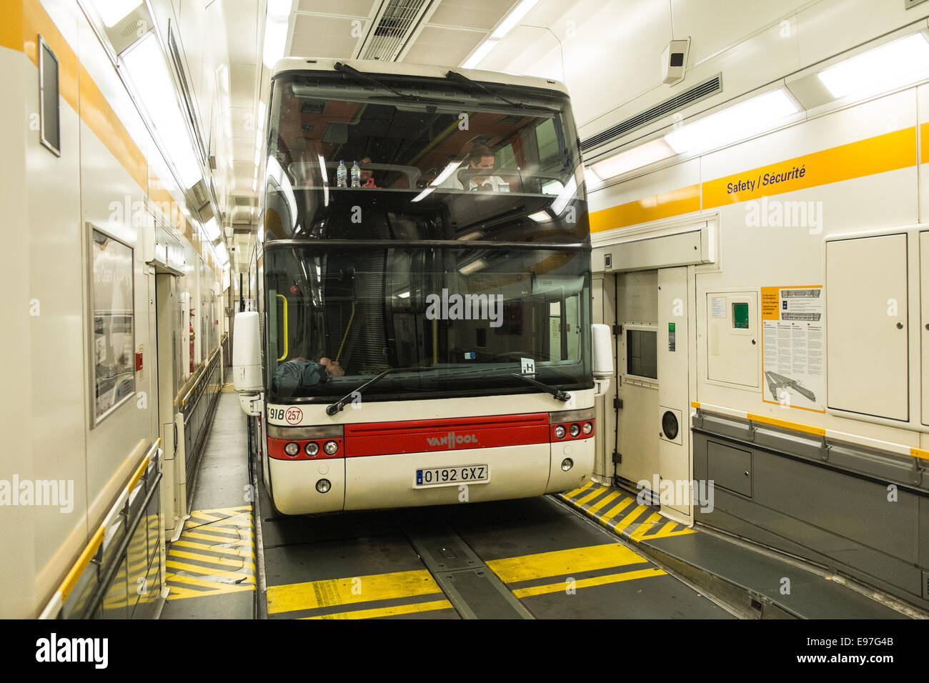 Tour bus on Eurotunnel between France and England Stock Photo: 74539707 ...