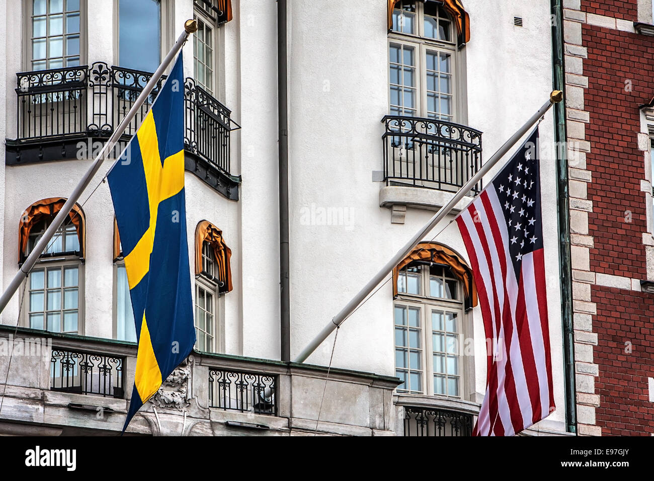 Building facade with Swedish and US flags - Stock Image Stock Photo - Alamy