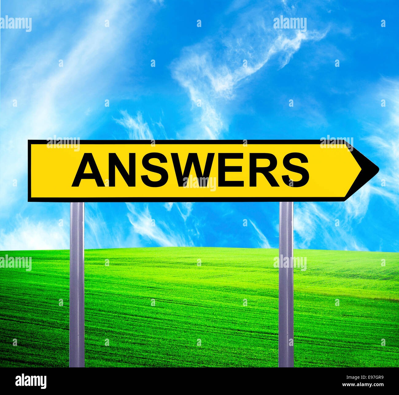 Conceptual arrow sign against beautiful landscape with text - ANSWERS ...