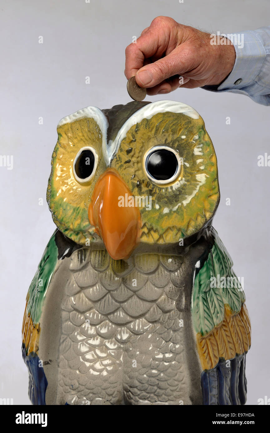 Putting money into owl shaped money box Stock Photo - Alamy