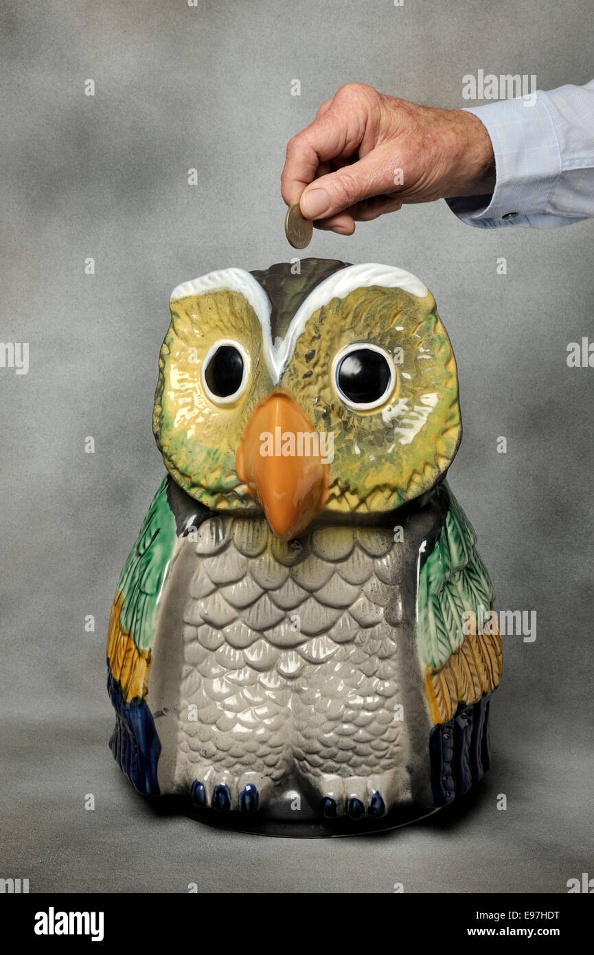 Putting money into owl shaped money box Stock Photo - Alamy