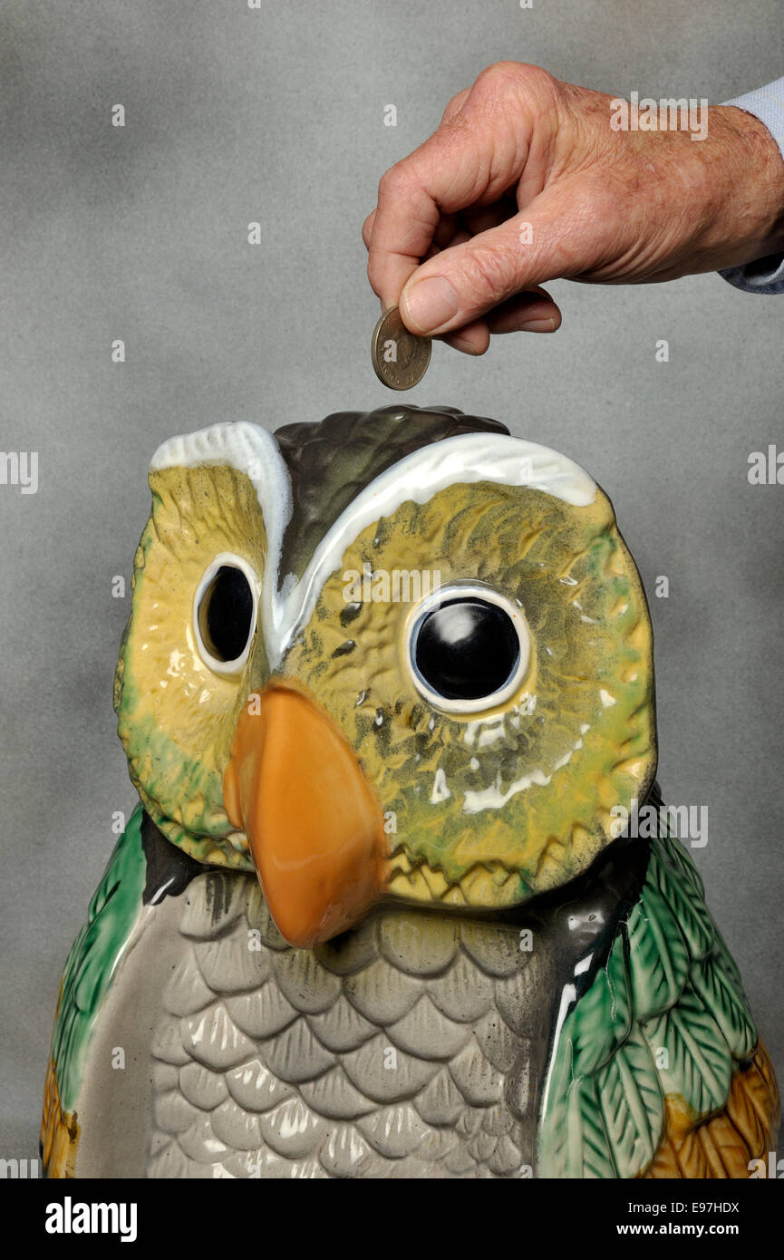 Putting money into owl shaped money box Stock Photo - Alamy