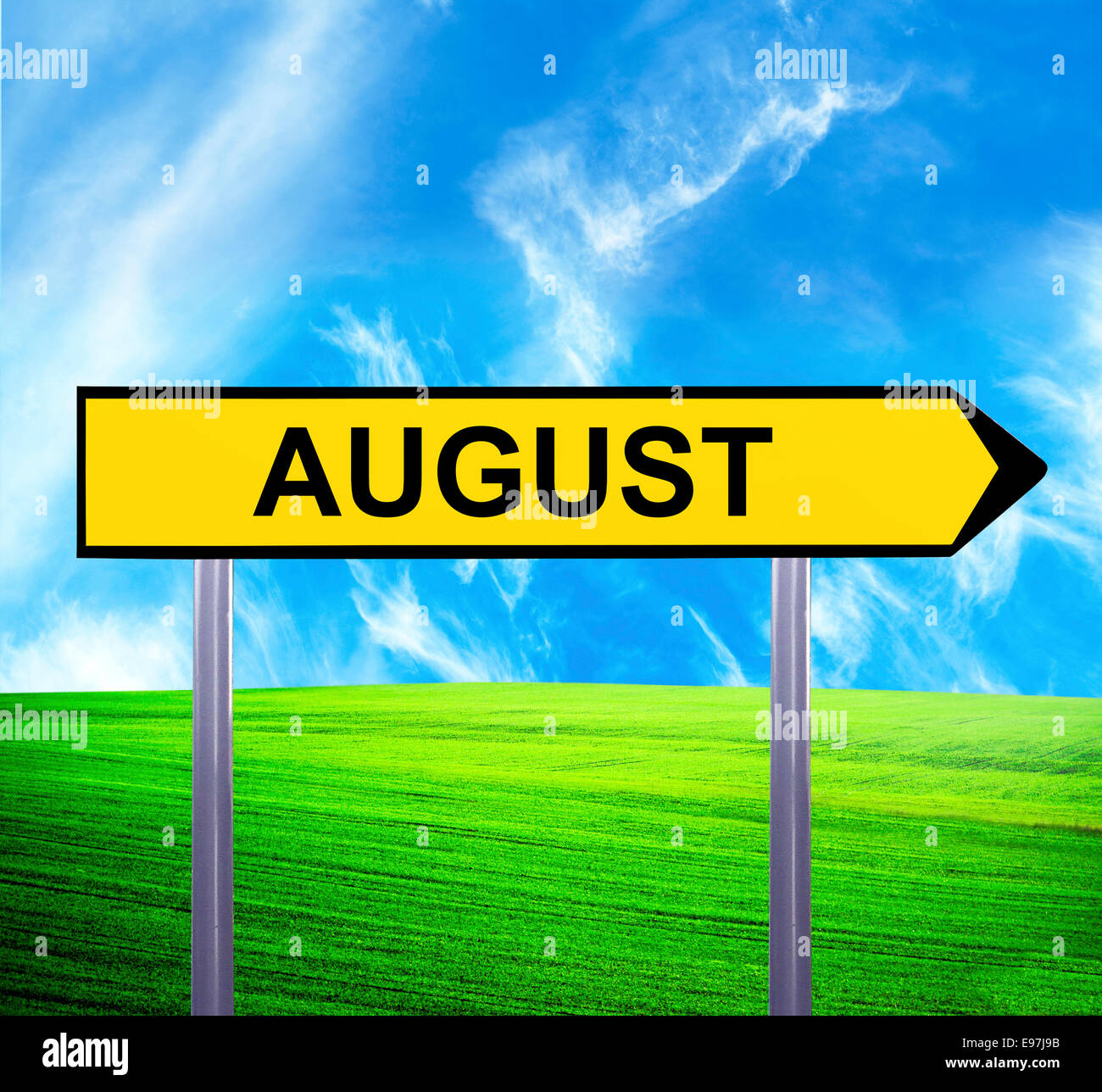 Conceptual arrow sign against beautiful landscape with text - AUGUST ...