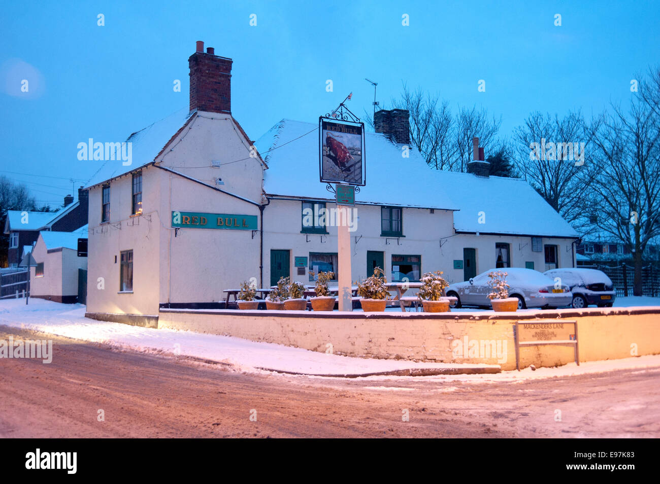 The Red Bull pub in Eccles near Aylesford and Maidstone in Kent, snow ...