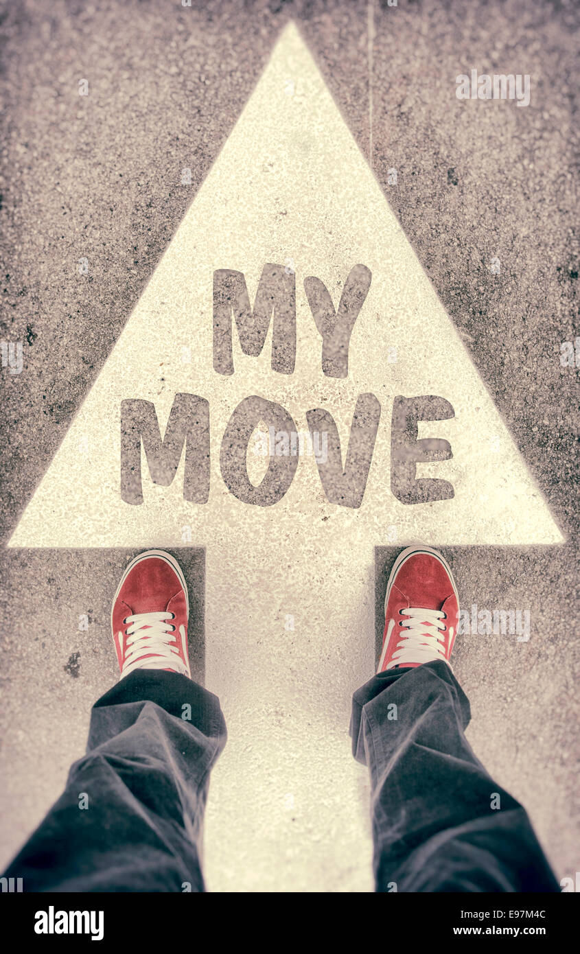 Brand new red shoes from above standing on my move sign Stock Photo - Alamy