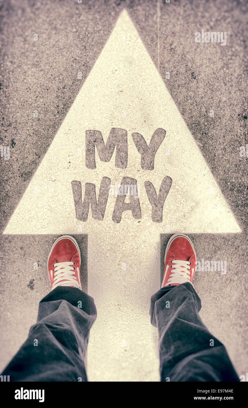Brand new red shoes from above standing on my way sign Stock Photo - Alamy