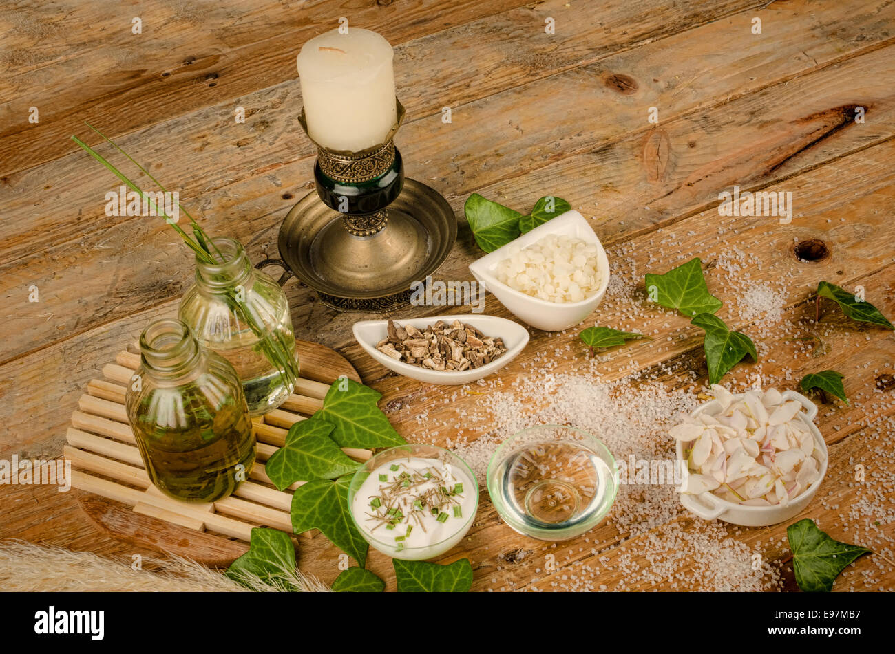 Natural cosmetics ingredients displayed on a rustic table Stock Photo ...