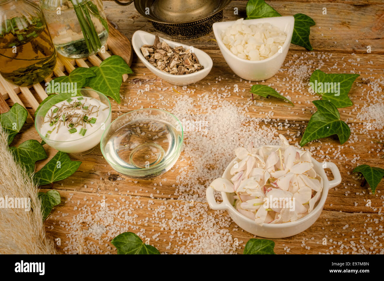 Natural cosmetics ingredients displayed on a rustic table Stock Photo ...