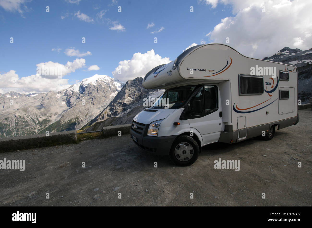 motor home vacation. Camper on the trail at Stelvio Mountain Pass ...