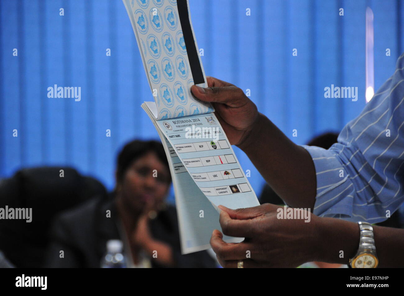 Gaborone. 21st Oct, 2014. A staff of Botswana's Independent Electoral ...