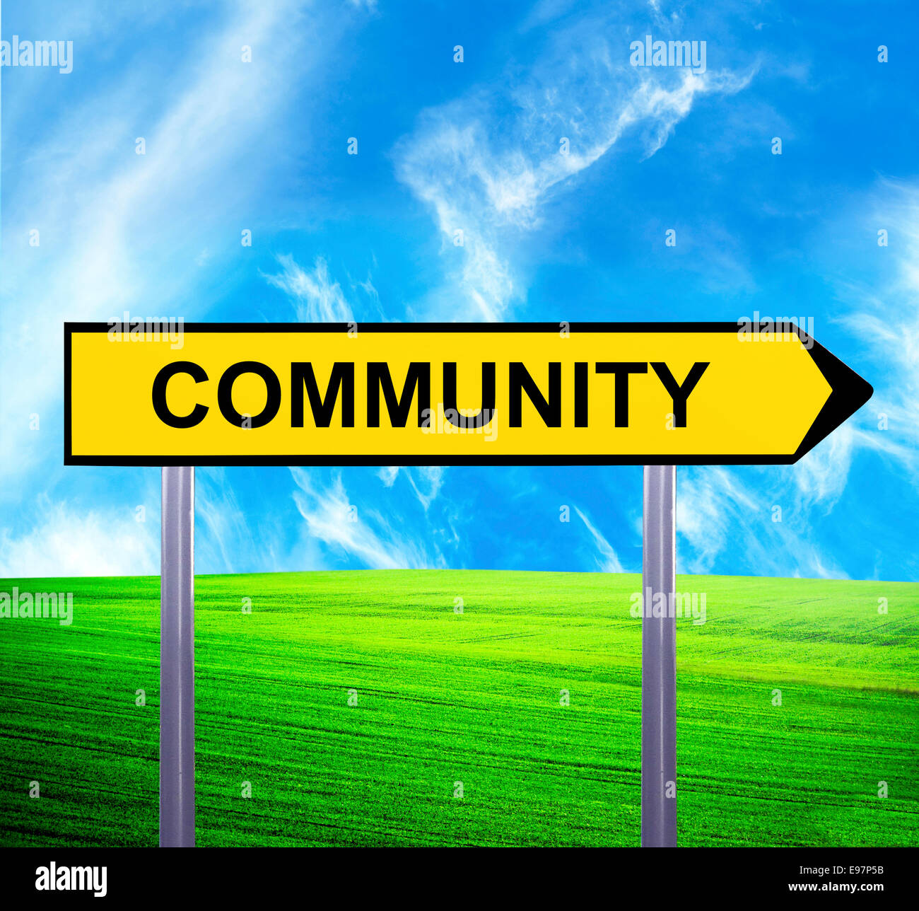 Conceptual arrow sign against beautiful landscape with text - COMMUNITY ...