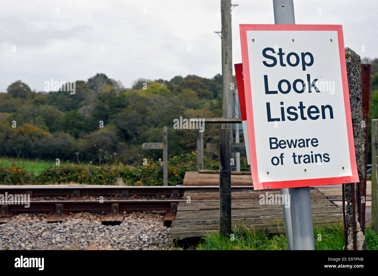 Warning signs at a farm or occupation level crossing on a single track ...