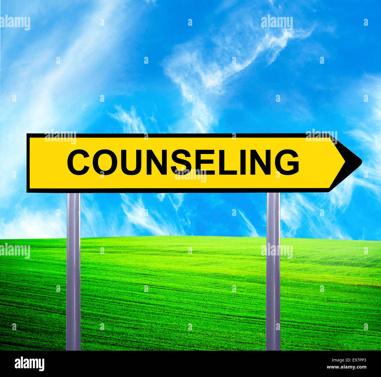 Conceptual arrow sign against beautiful landscape with text ...