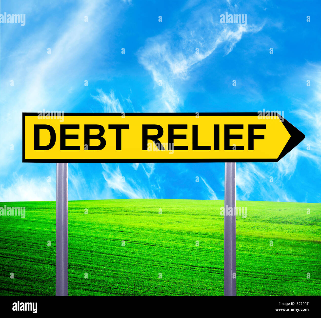 Conceptual arrow sign against beautiful landscape with text - DEBT ...