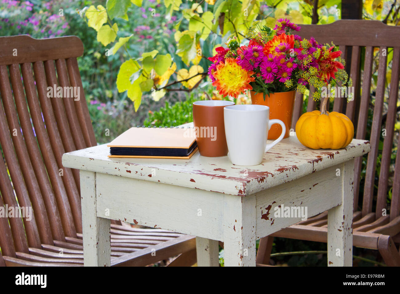 Chairs and table with two cups in the garden Stock Photo - Alamy