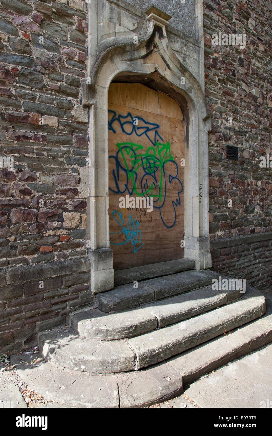 Boarded up doorway of St Michael on the Mount Without church in Bristol ...