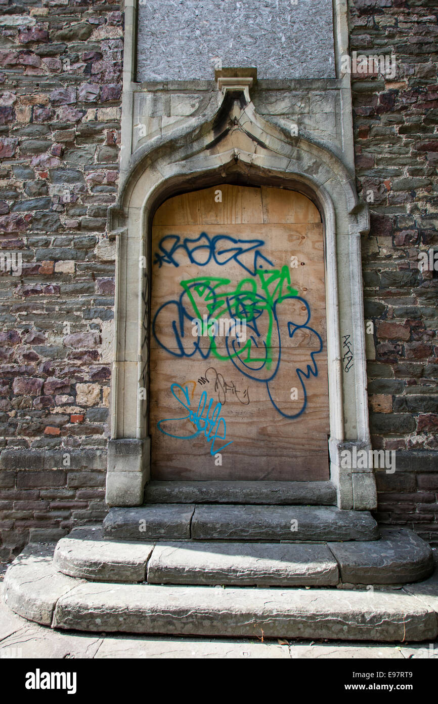 Boarded up doorway of St Michael on the Mount Without church in Bristol ...