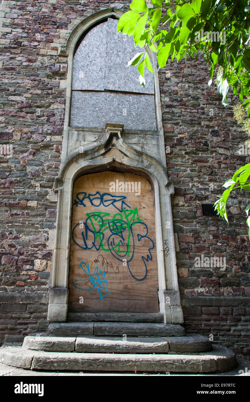 Boarded up doorway of St Michael on the Mount Without church in Bristol ...