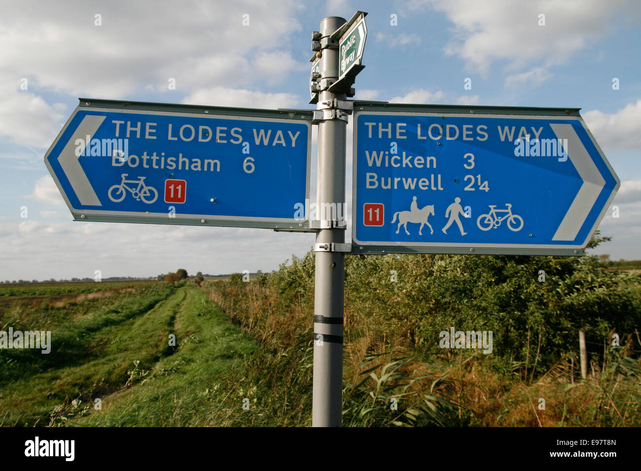 Lodes Way and National Cycle Route signing Tubney Fen Cambridgeshire ...
