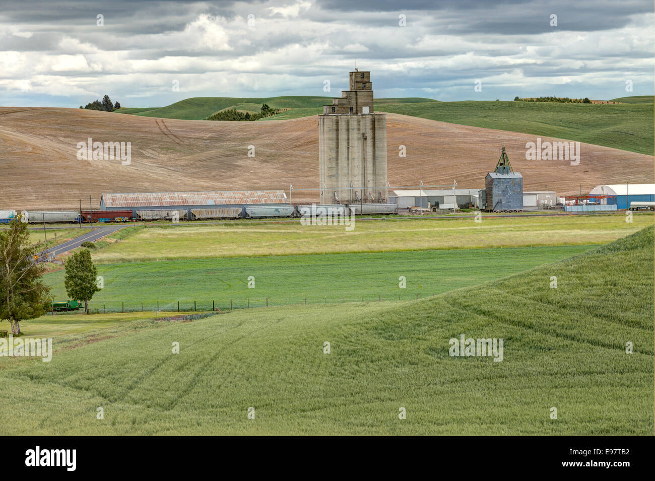 A grain elevator, and the rail siding alongside it for transporting ...