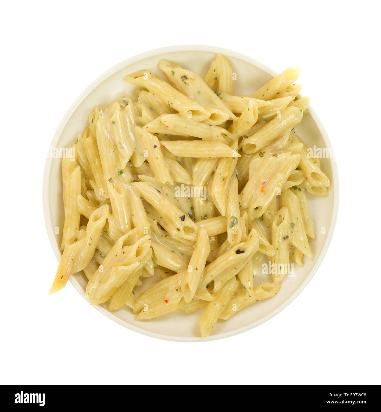 Top view of a small plate filled with cooked pasta with garlic and ...
