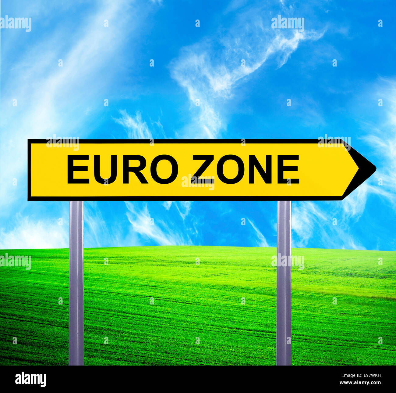Conceptual arrow sign against beautiful landscape with text - EURO ZONE ...
