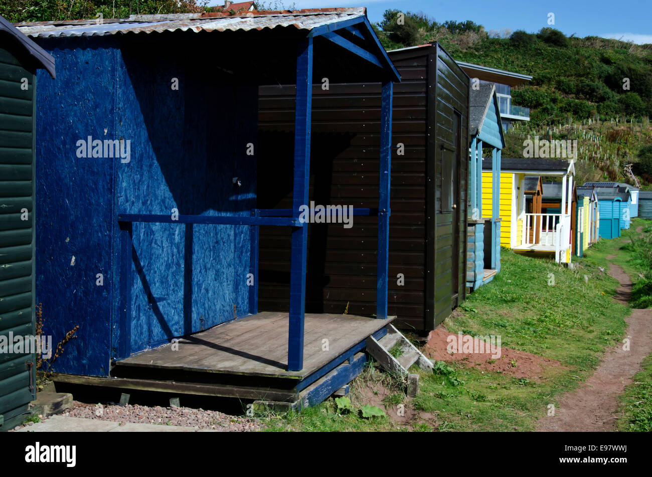 Colourful beach huts at Coldingham in the Scottish Borders Stock Photo ...