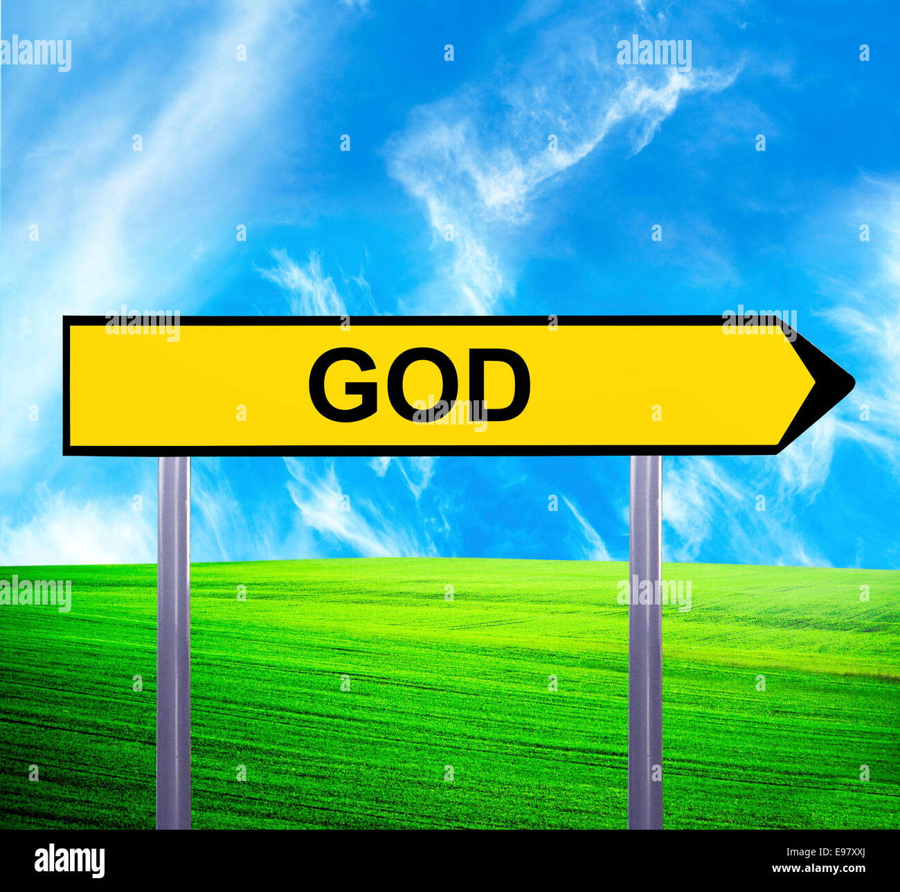 Conceptual arrow sign against beautiful landscape with text - GOD Stock ...