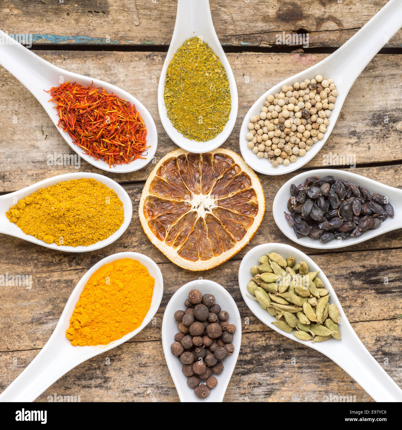 Variety of spices on wooden background. Top View square composition ...
