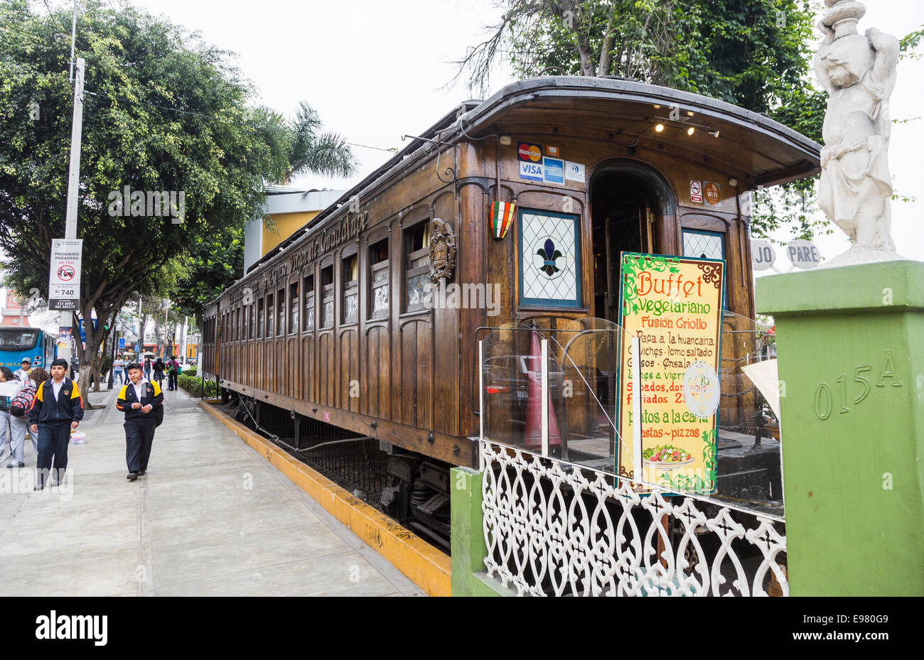 Roadside café or restaurant in a converted, restored old wooden railway ...